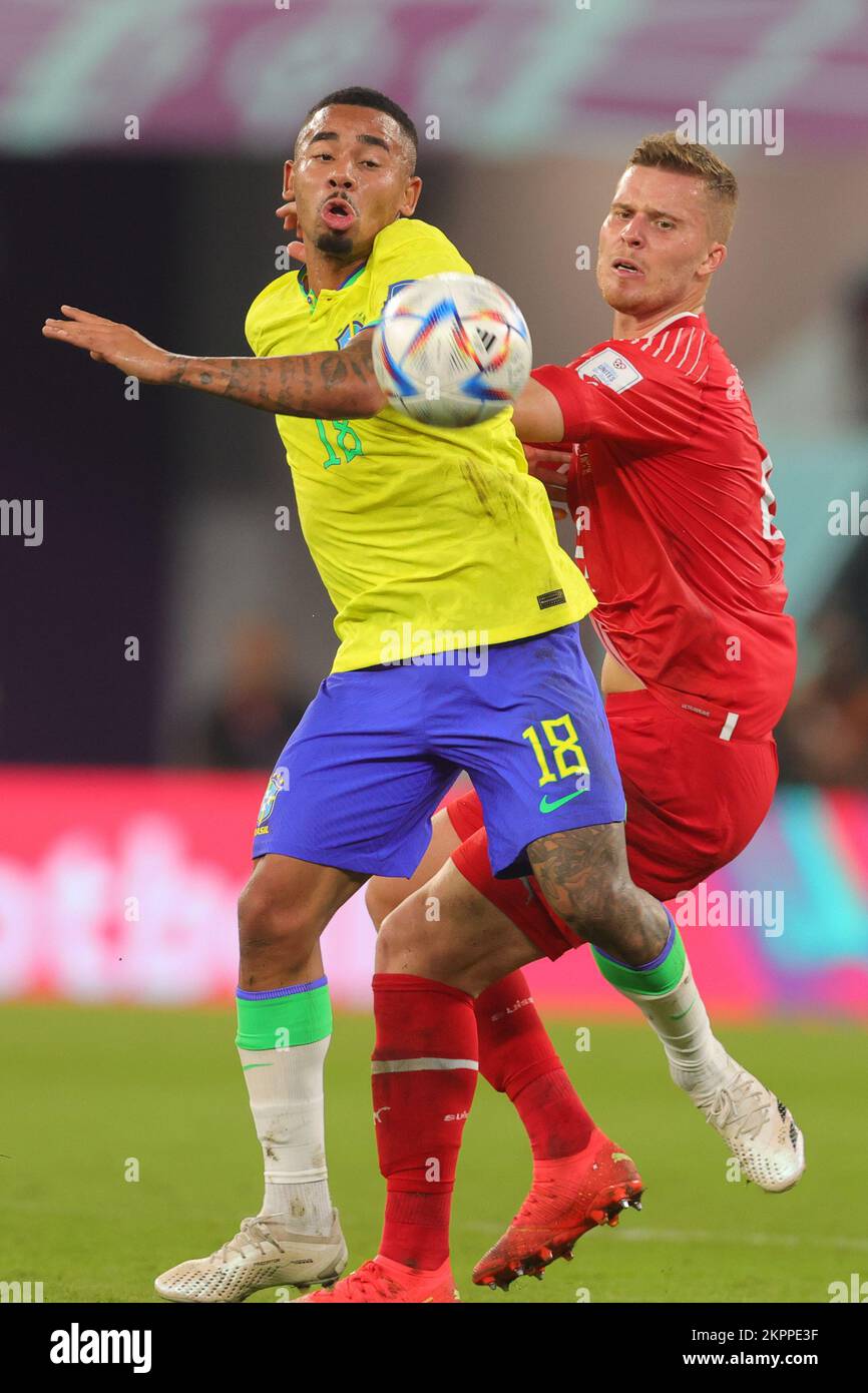 Doha, Qatar. 28th Nov, 2022. Gabriel Jesus of Brazil and Nico Elvedi of ...