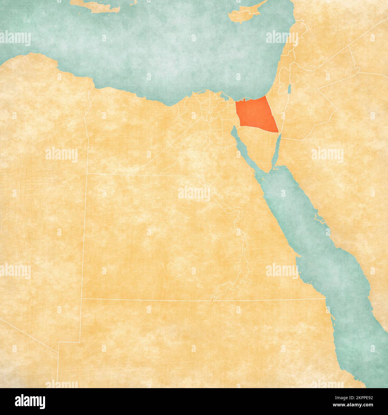 North Sinai Governorate on the map of Egypt in soft grunge and vintage ...