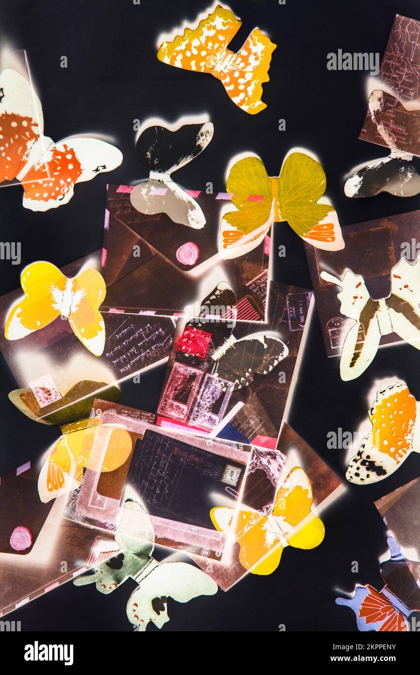 Creative fine art design on overlays of decorative butterflies and deep ...