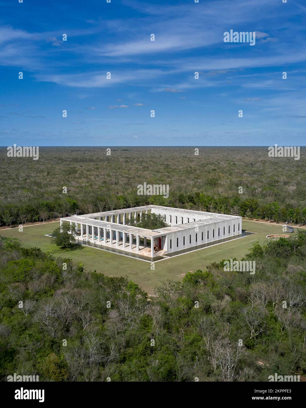 Ariel view showing building in Yucatan jungle. Plantel Matilde, Merida ...