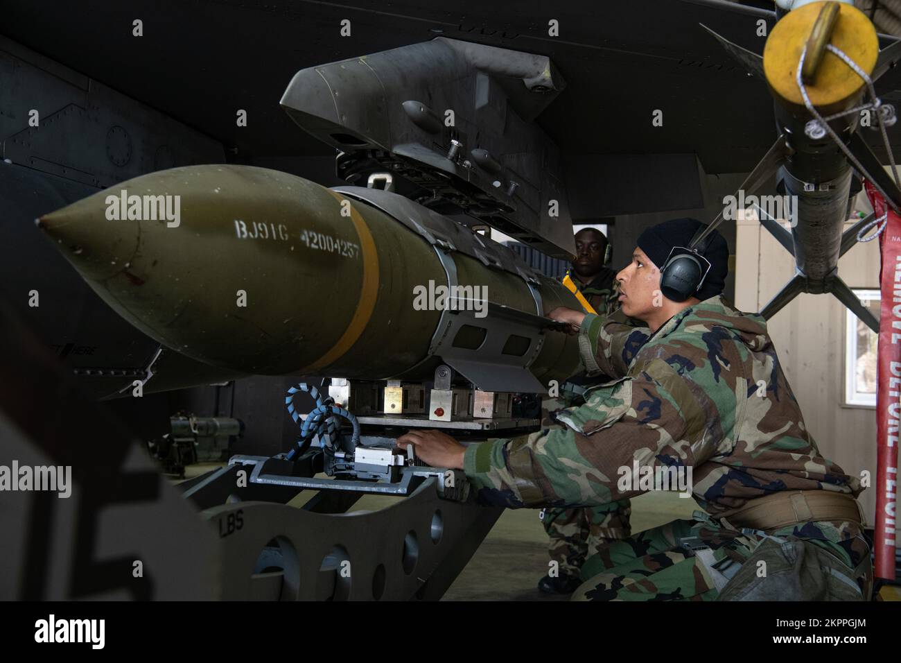 U.S. Air Force Staff Sgt. Tristan Bowen, 80th Fighter Generation Squadron weapons load ...