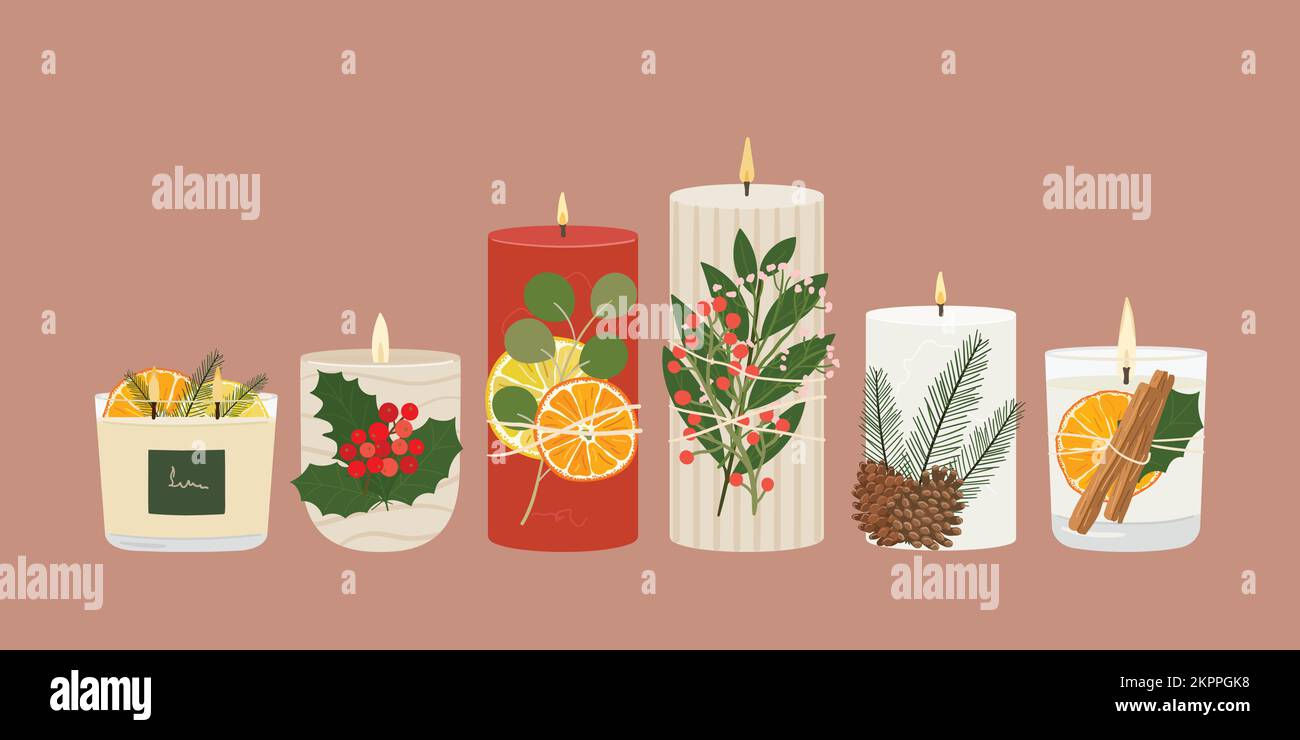 Set of Christmas scented soy, paraffin wax candles with dried oranges ...