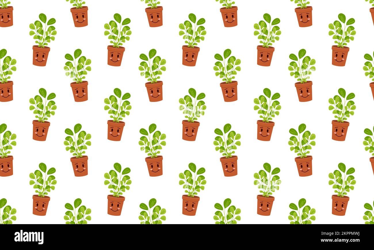 Cute plant characters in pot seamless pattern. Happy blossom home ...