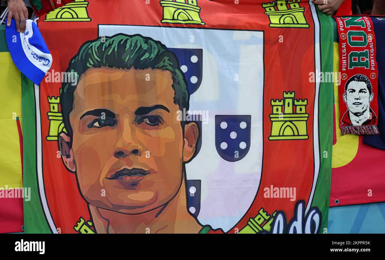 Doha, Qatar, 28th November 2022. Portugal fans with giant Ronaldo ...