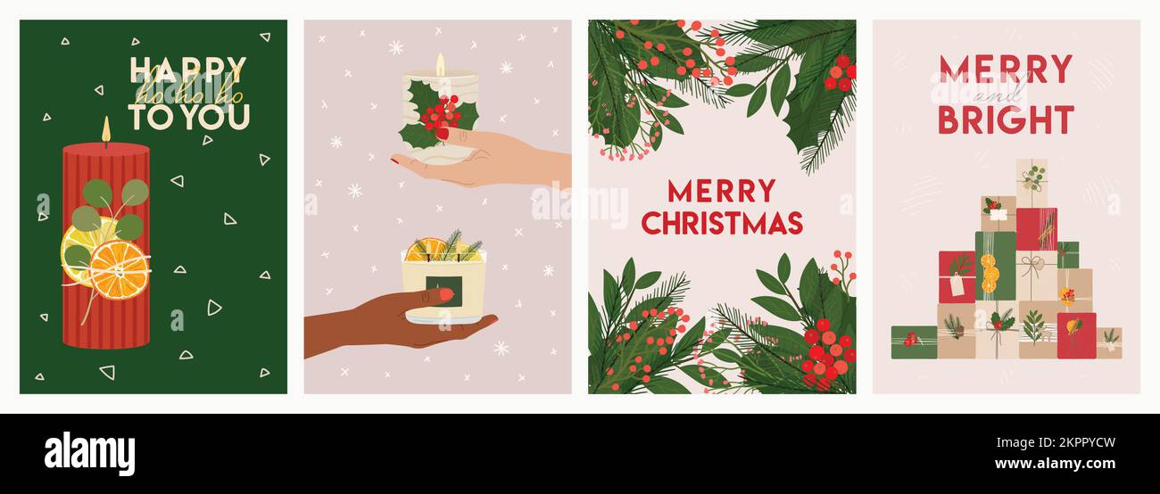 Set of Merry Christmas greeting cards with candles, hands, gifts ...