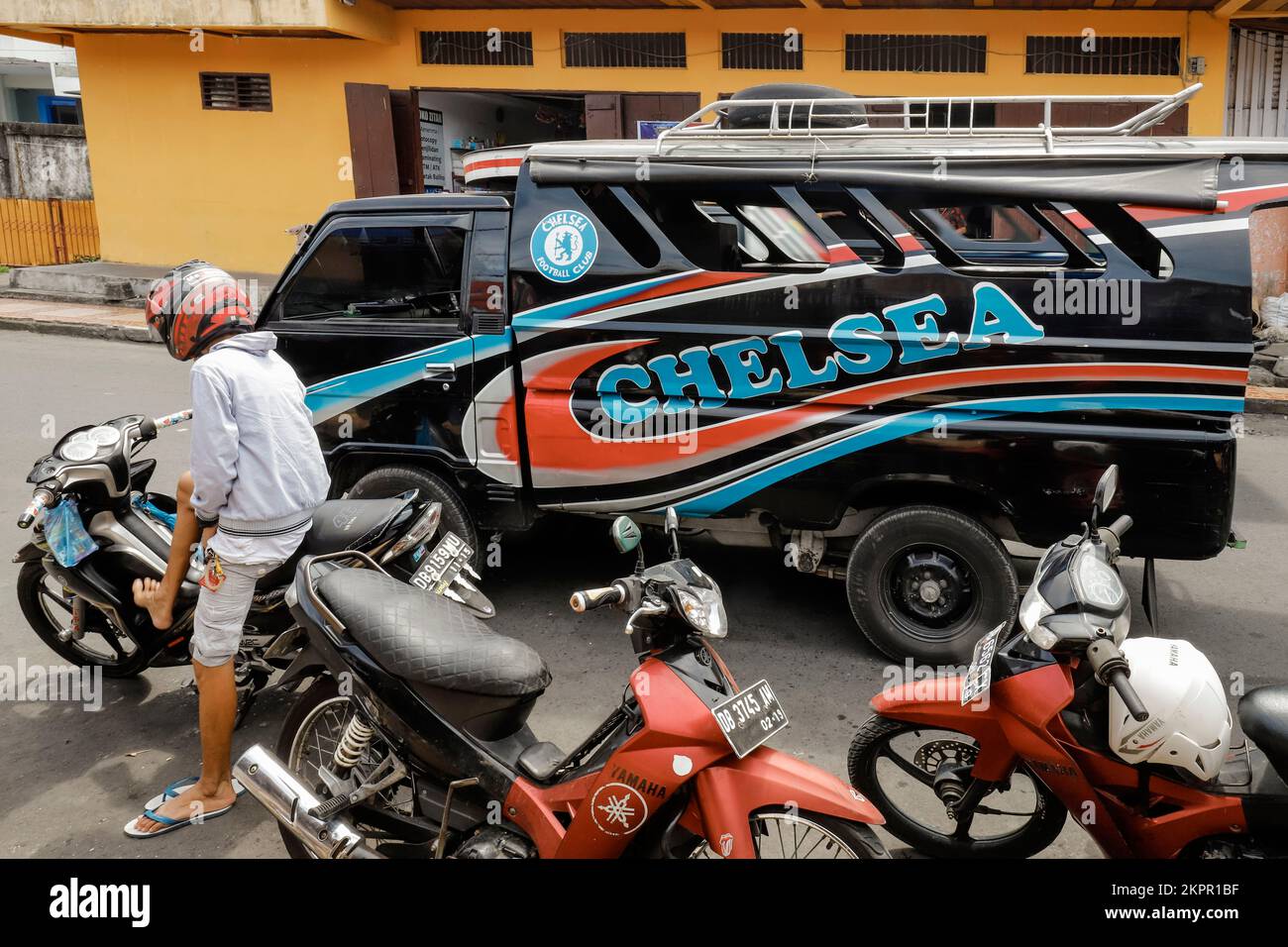 'Chelsea' (Football Club) painted angkot (jeep public transport) in the ...