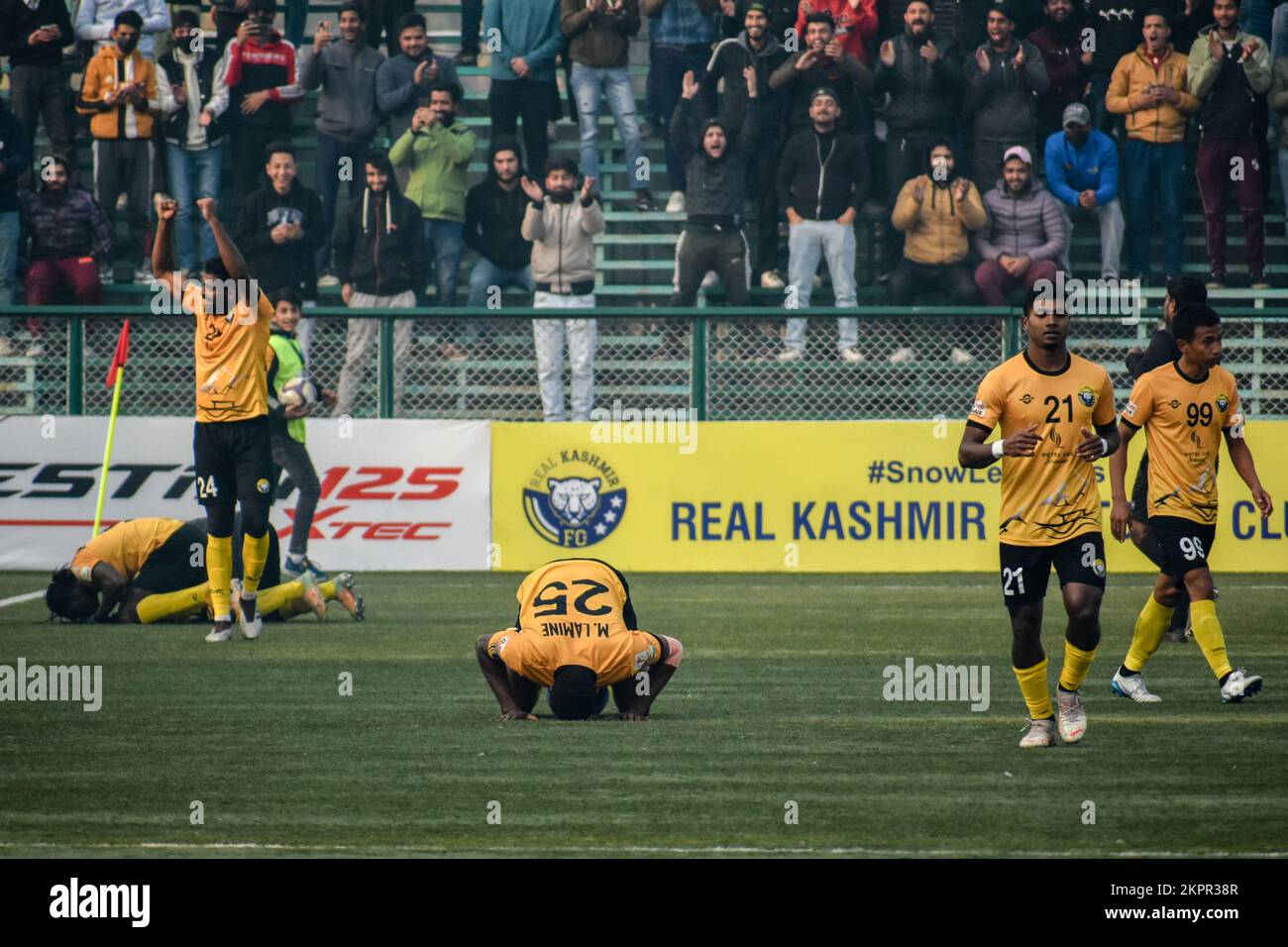 Lamine Moro (C) of Real Kashmir celebrates after scoring a goal during ...