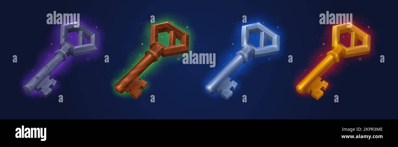 Game keys props icons, gamer assets. Stone, wooden, metal and golden ...