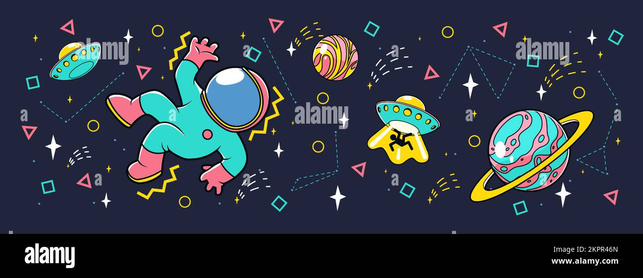 Cute astronaut in space with alien ufo saucers, planets, stars ...