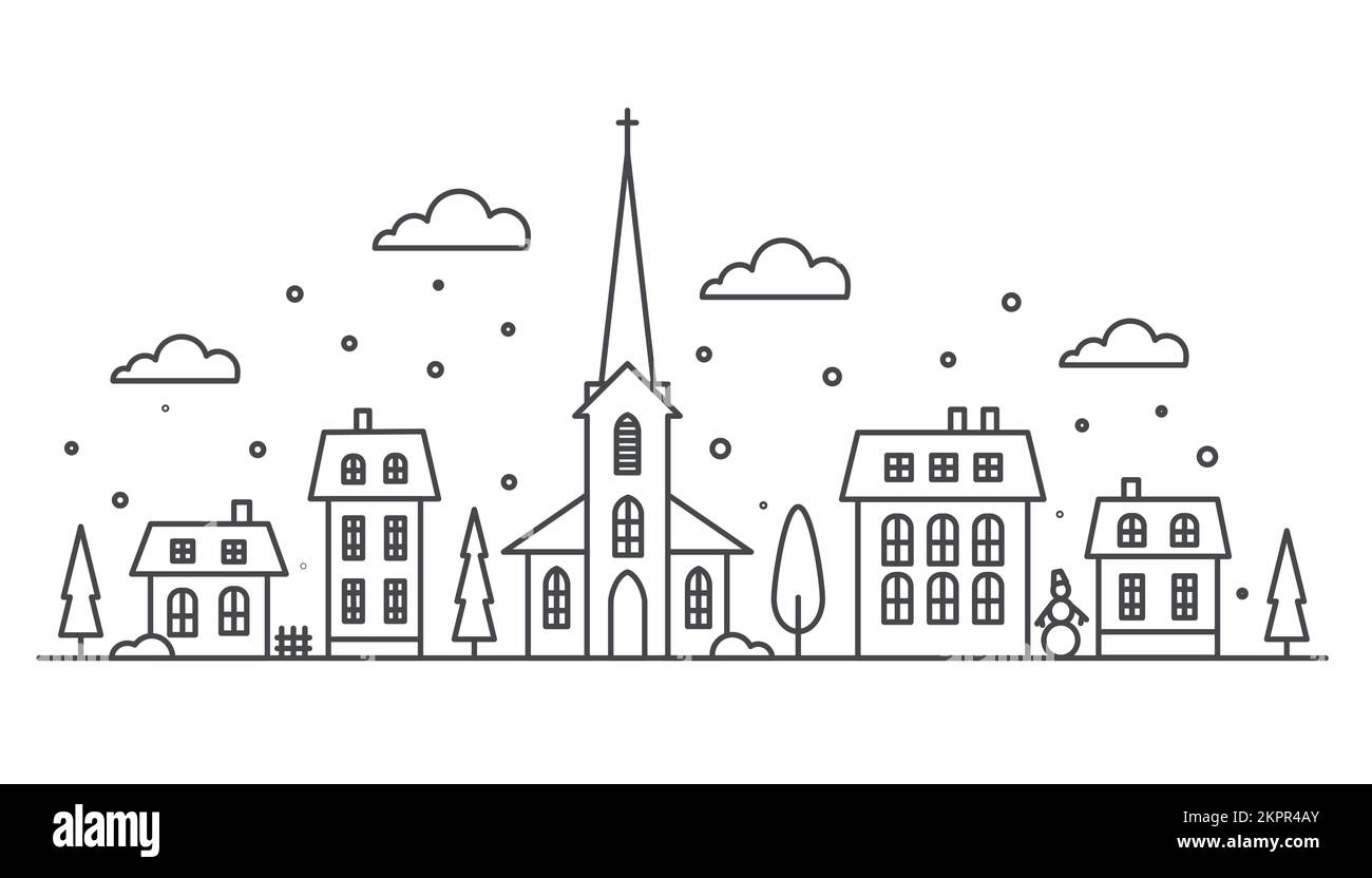 Suburban neighborhood winter landscape. Silhouette of houses and church ...