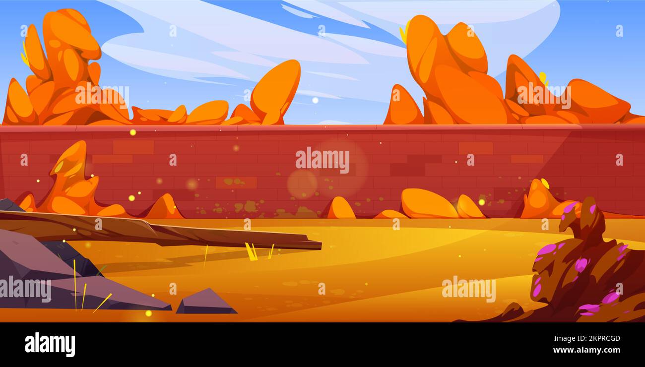 Autumn landscape of house backyard with brick wall fence, orange trees ...