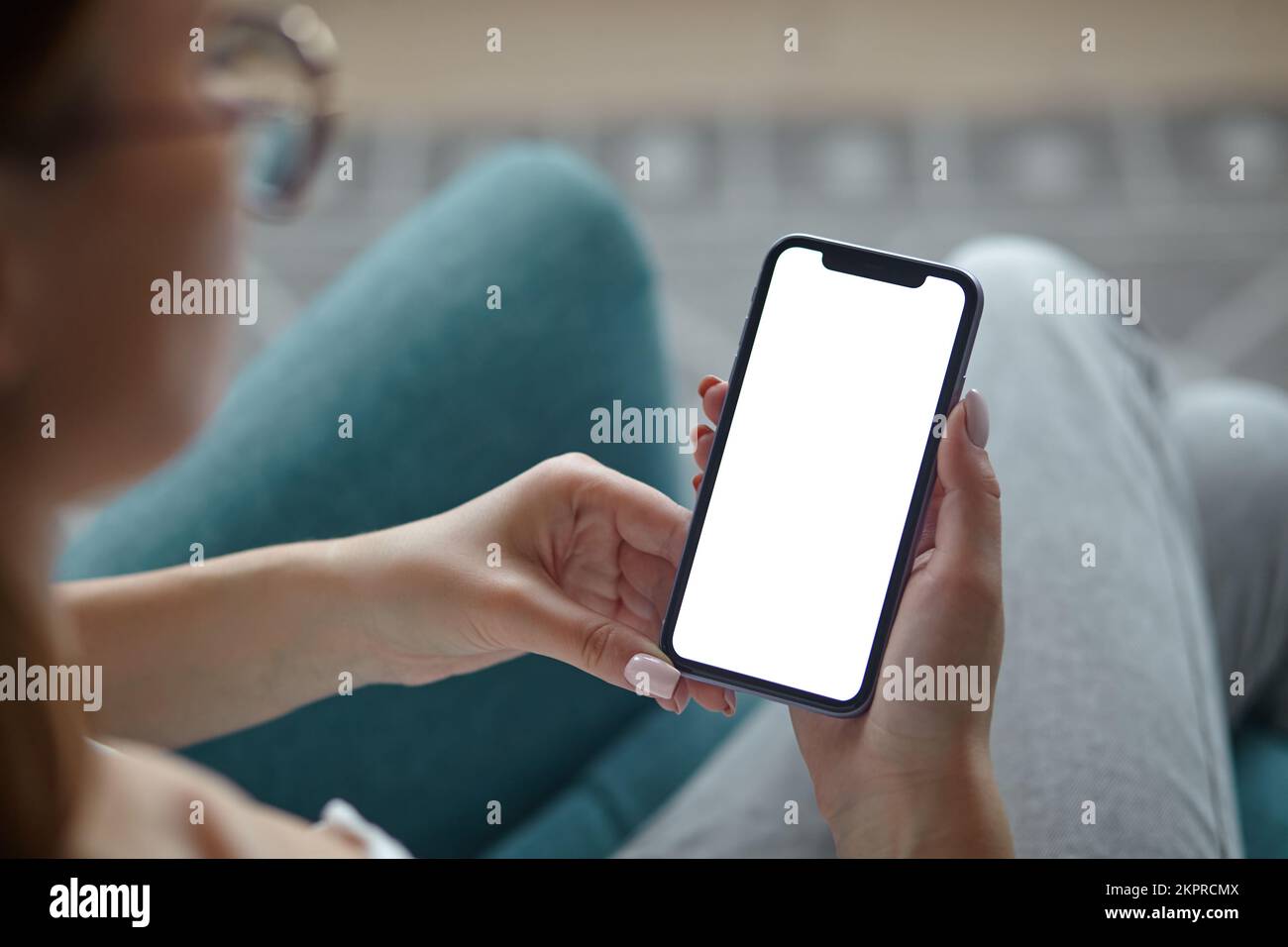 Mock up white screen blank mobile phone in woman hands holding Back ...