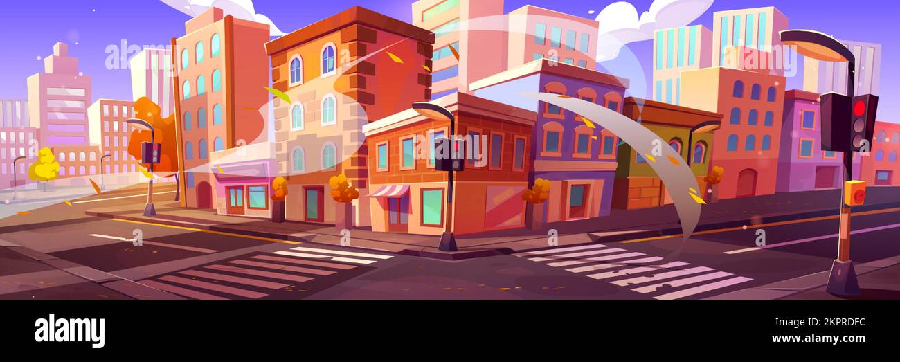 Autumn city street corner with buildings, crosswalk, empty road and ...