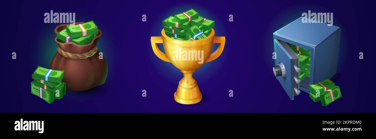 Cartoon set of money in sack, golden cup, safe isolated on background ...
