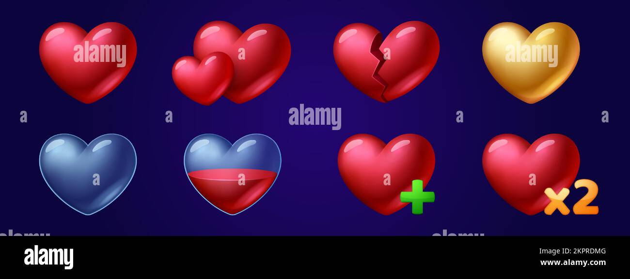 Set of heart game icons, fill progress score or level elements, red or ...