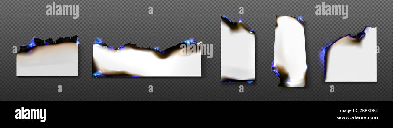 Burning white paper sheets with blue fire and black scorched edges ...
