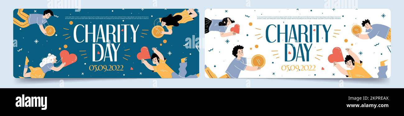 Charity day posters with people donate money. Vector banners of ...