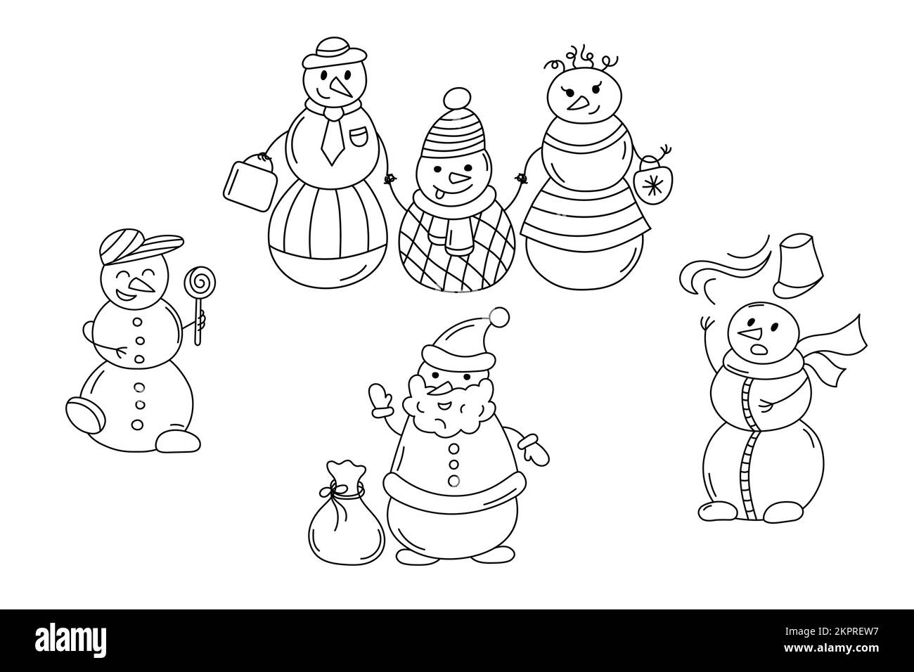 Cute snowmen doodles set. Vector collection of isolated cartoon outline ...