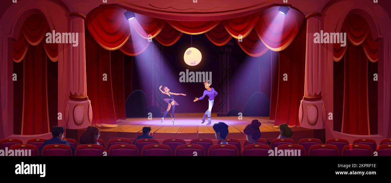 Ballet dancers perform on theater scene. Ballerina and man artist wear ...