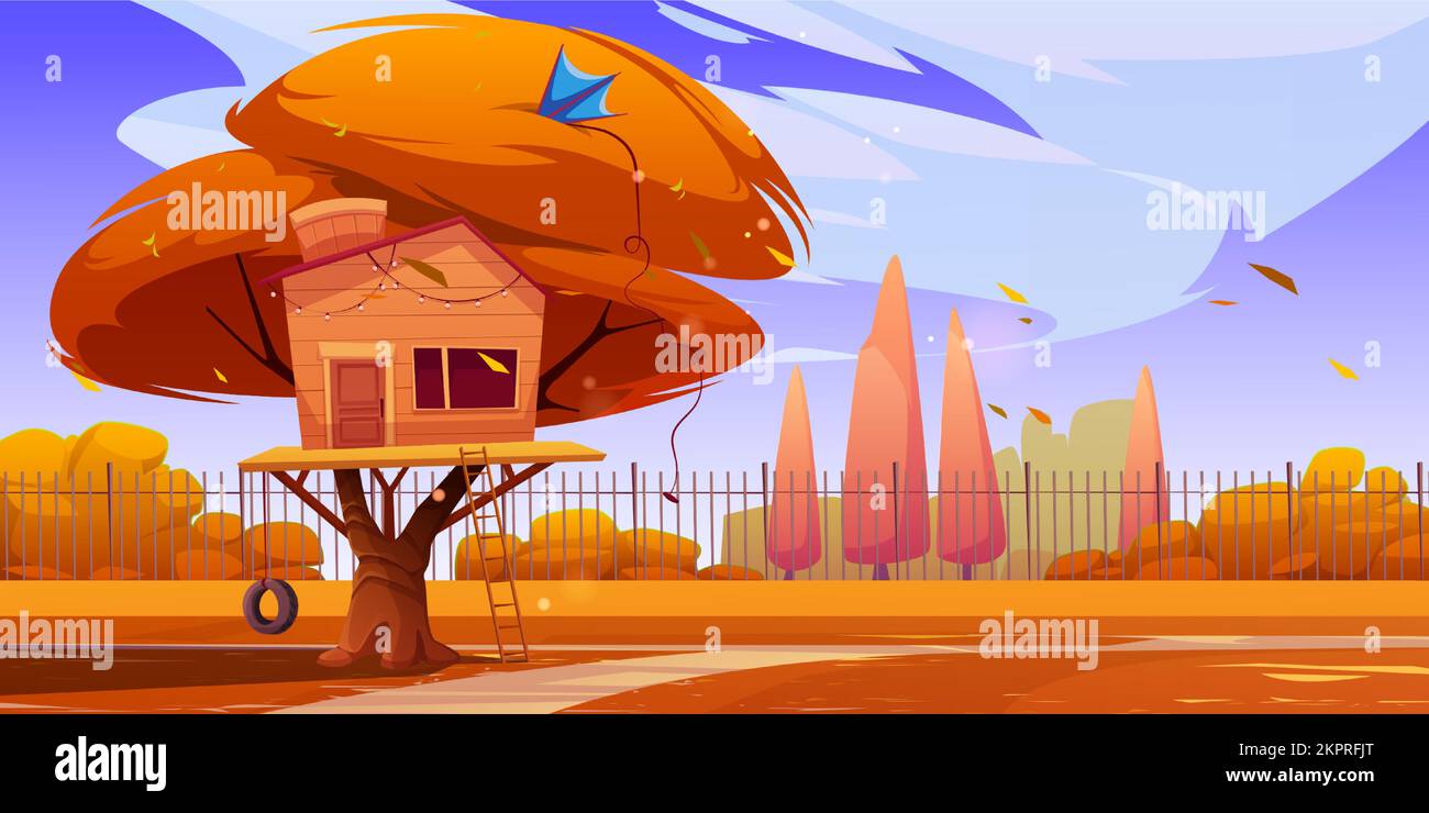 Autumn landscape of backyard with tree house, grass and fence. Wooden ...