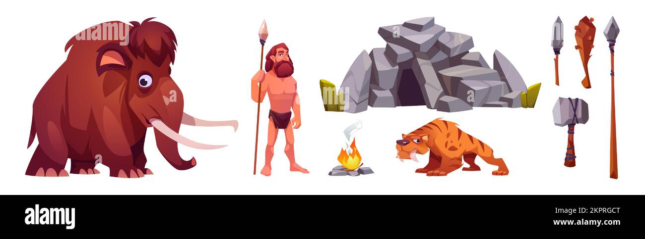 Cave man, prehistoric primitive person in stone age cartoon icons set ...