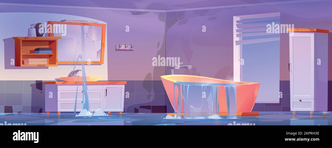 Flood in bathroom with broken plumbing. Home washroom interior with ...