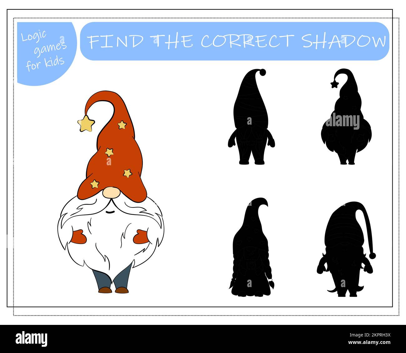 A puzzle game for kids, find the right shadow. Cartoon Christmas Gnome ...