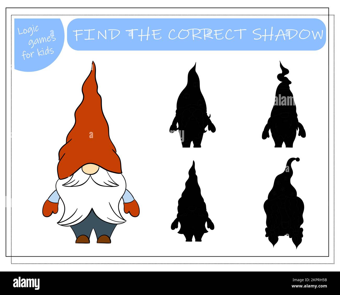 A puzzle game for kids, find the right shadow. Cartoon Christmas Gnome ...