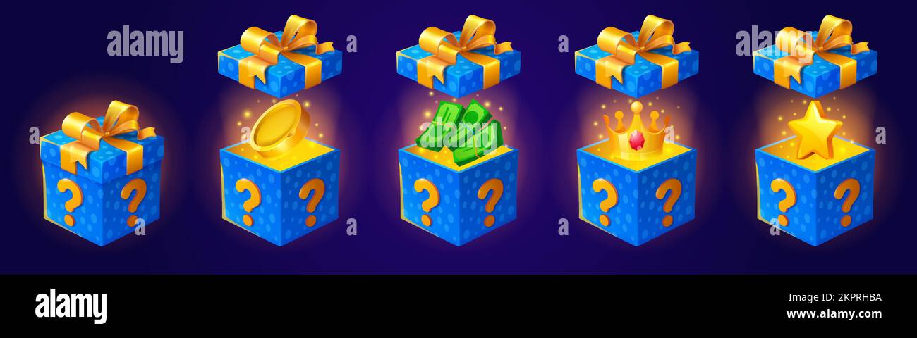 Gift box with bonus, coins, bills, crown, star and mystery closed ...