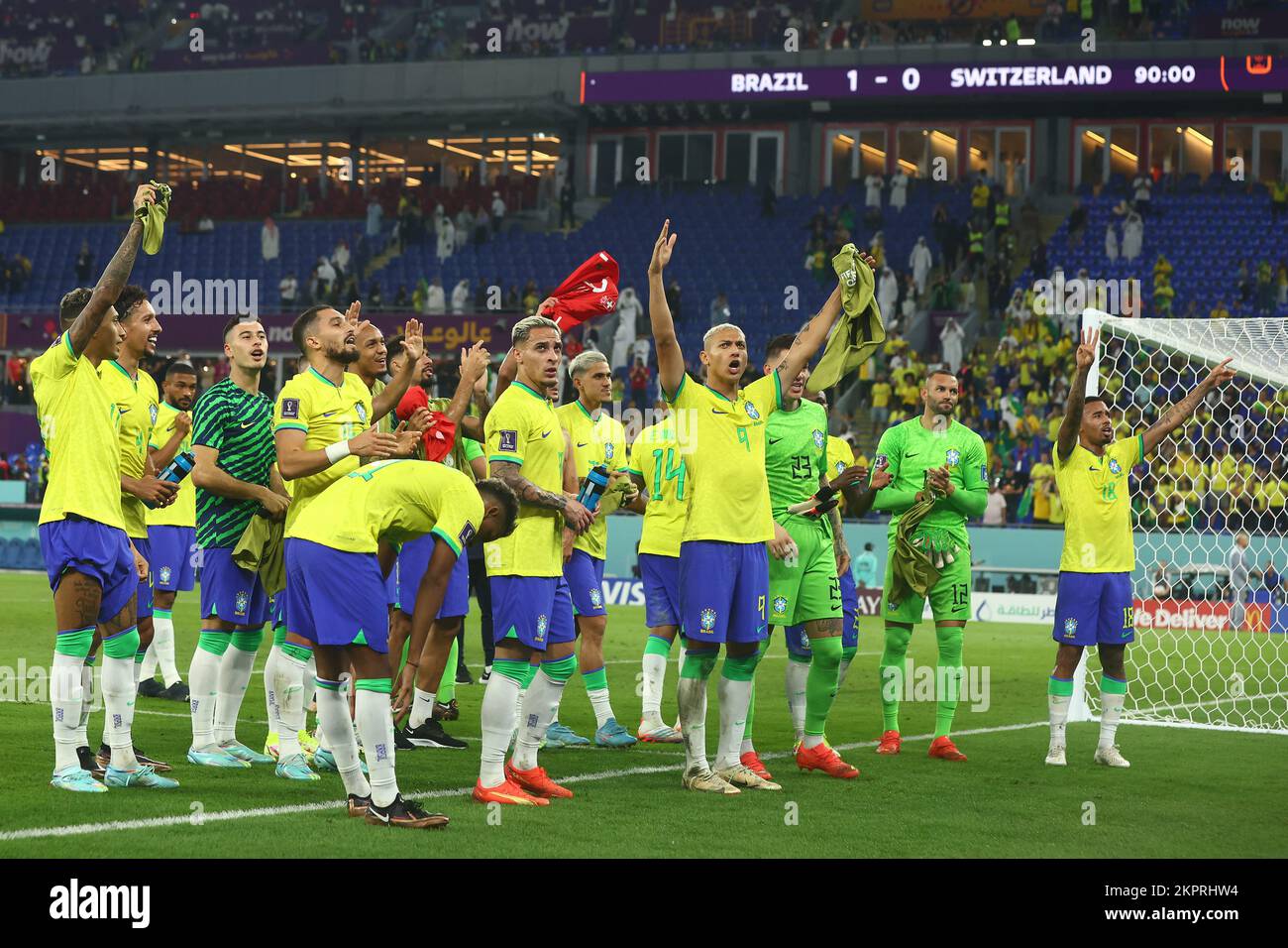 Doha, Qatar. 28th Nov, 2022. Brazil celebrate at full-time following ...