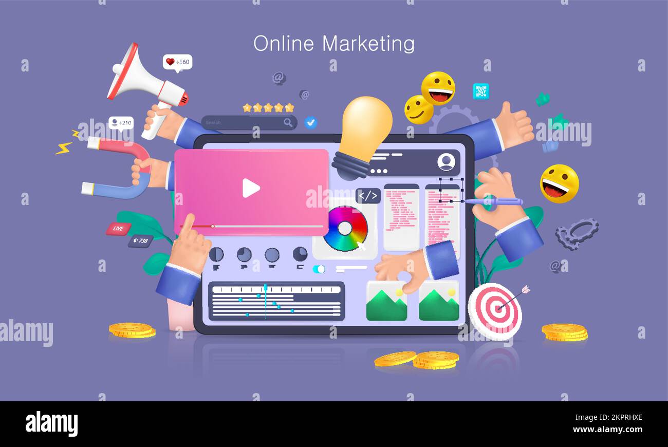 Online marketing, SEO concept. 3D Realistic cartoon illustration Stock ...