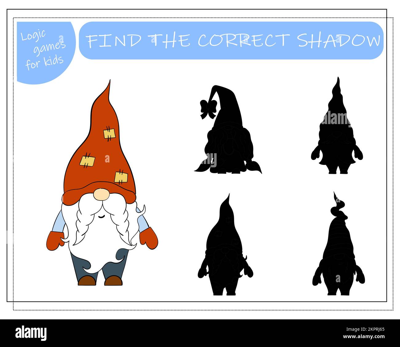 A puzzle game for kids, find the right shadow. Cartoon Christmas Gnome ...