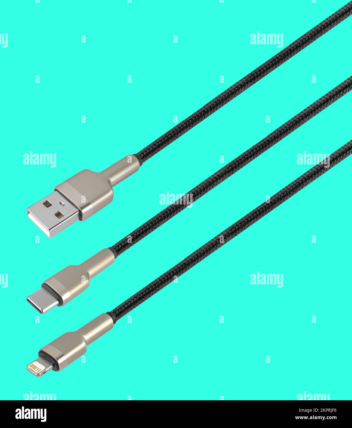 cable and connector USB, Type-C, Lightning, on a blue background in ...