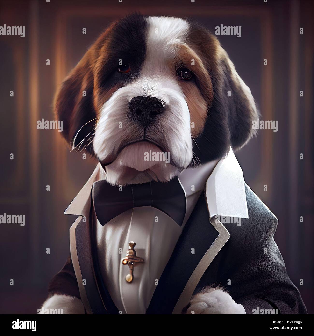 Anthropomorphic studio shot of a cute Saint Bernhard dog in a suit ...