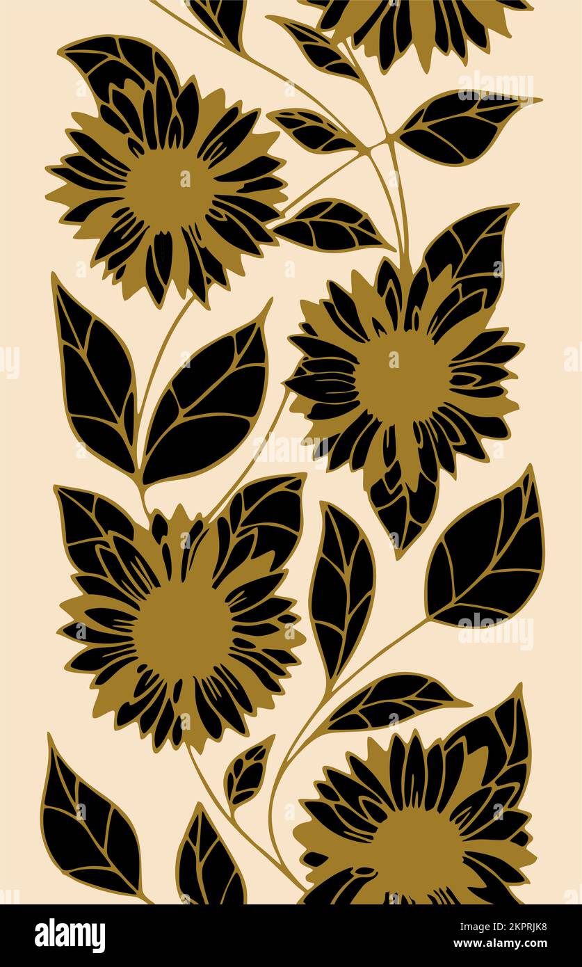 seamless pattern of large black flower buds with a golden outline on a ...