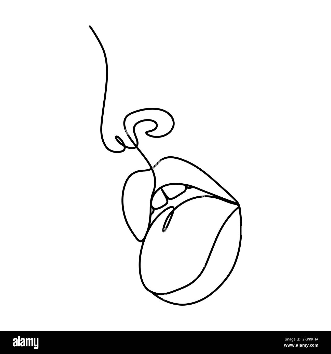Woman lips and nose in one line drawing style. Open mouth and sticking ...