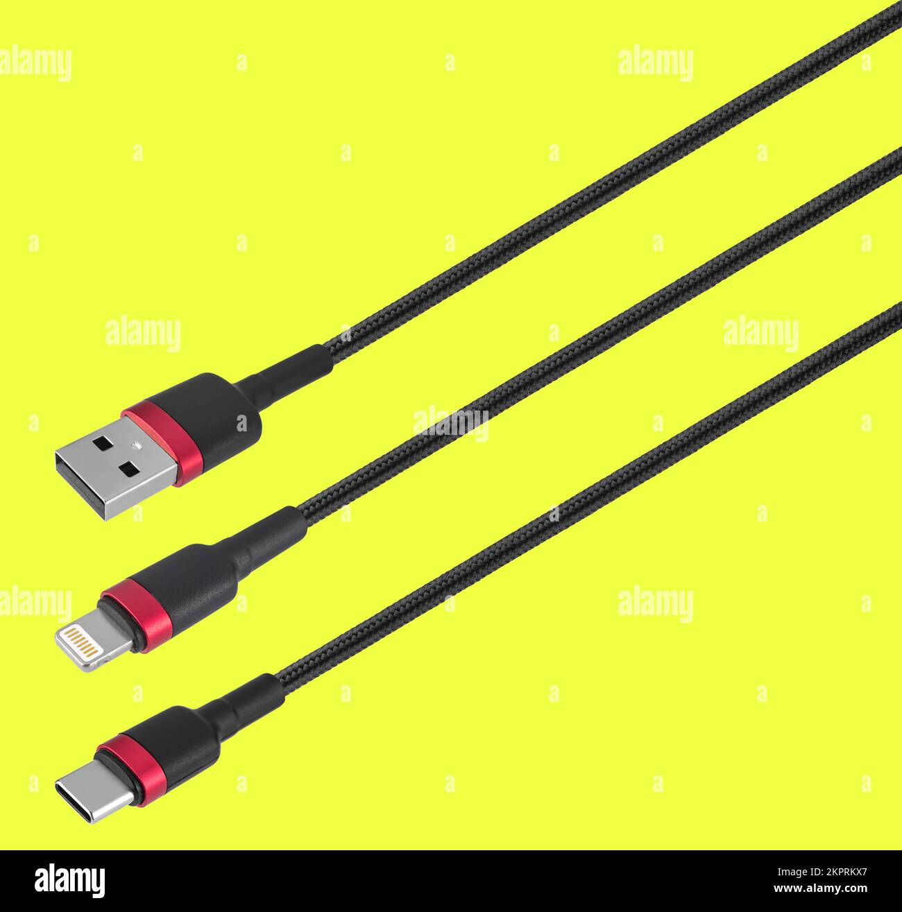 USB cable and connector, Type-C, Lightning, on a yellow background in ...