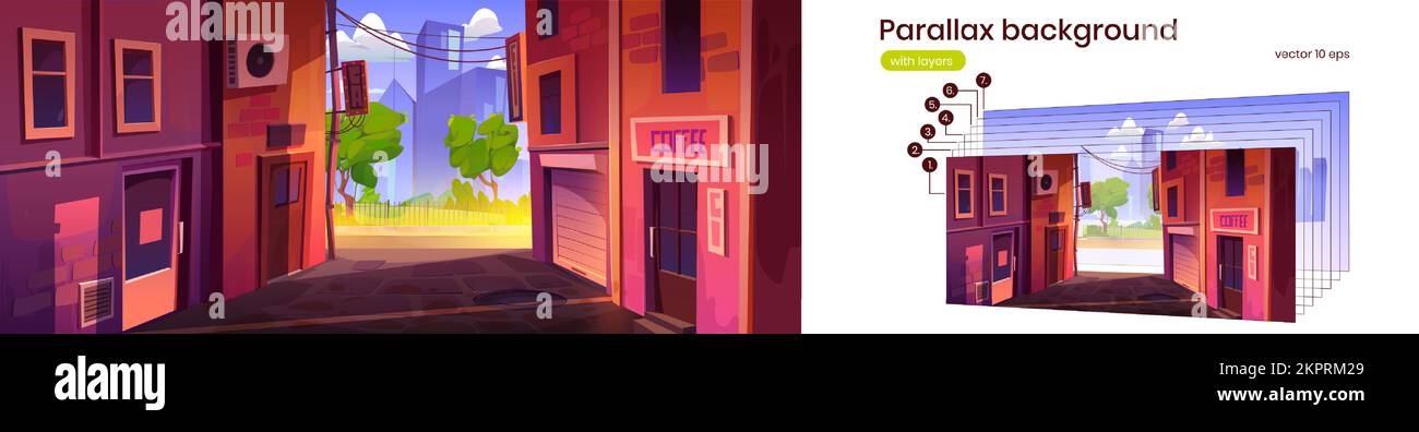 Summer city landscape with alleyway, road, park and skyscrapers on ...