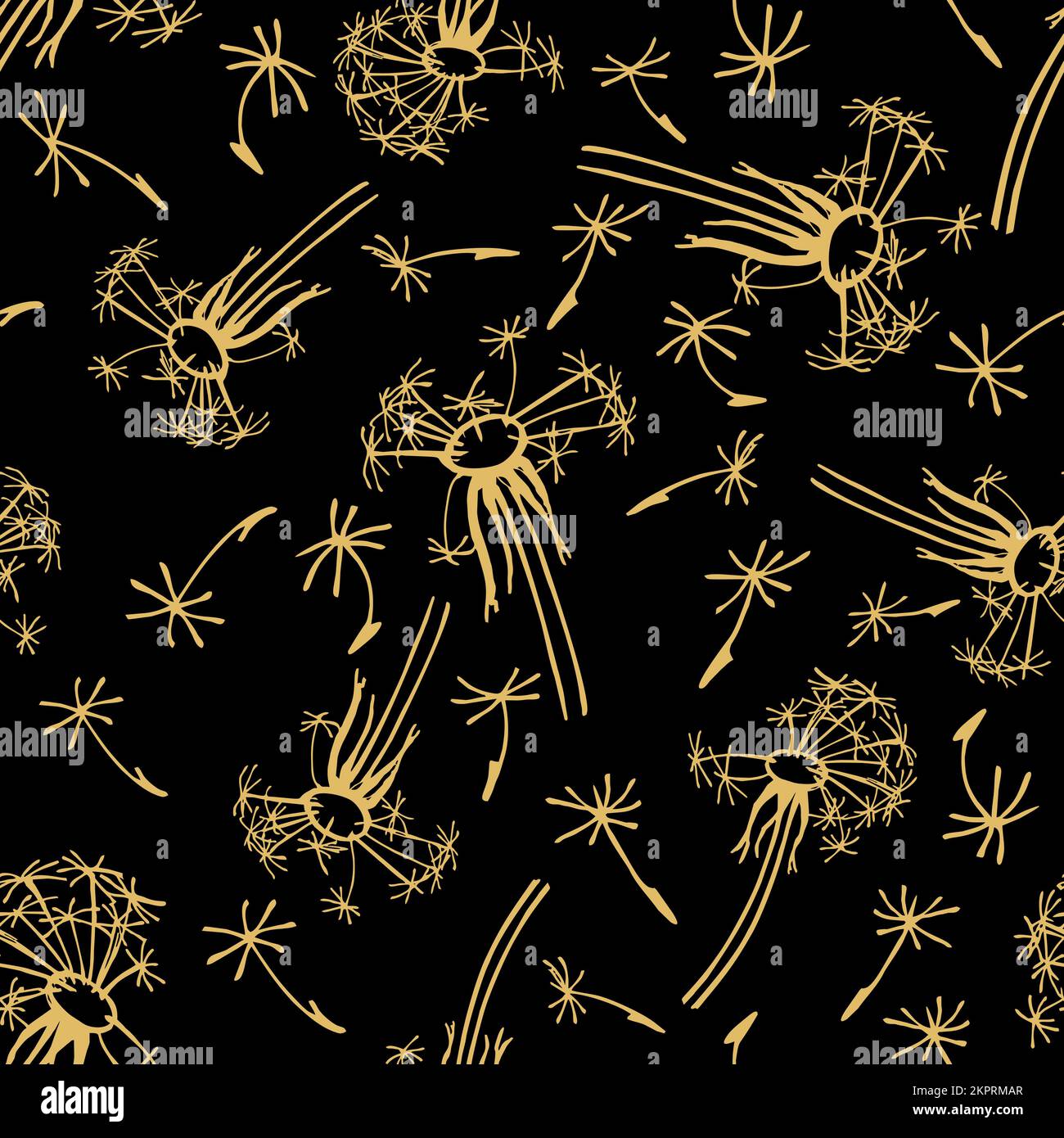 seamless graphic pattern of golden dandelions on a black background ...