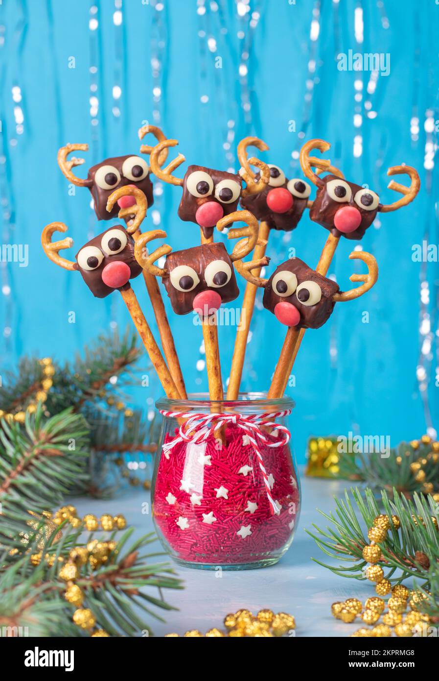 Cake pops Santa reindeers from marshmallows, sweet straw and chocolate ...