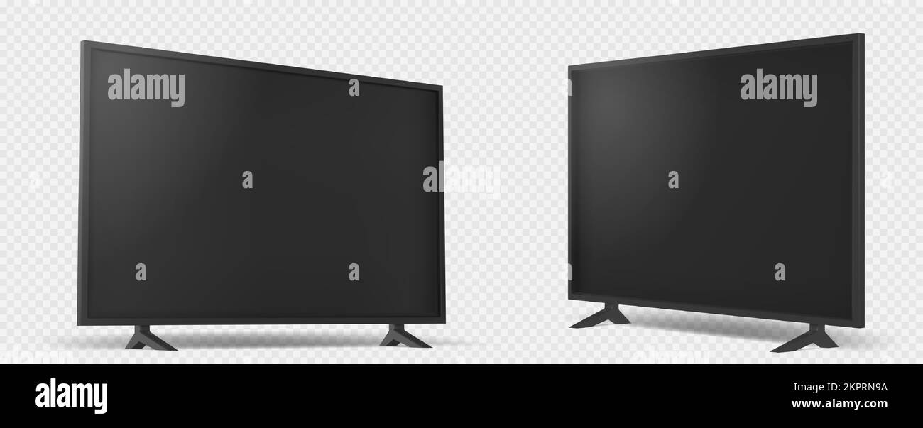 Realistic set of flat TV screen png isolated on transparent background. Front and side view of ...