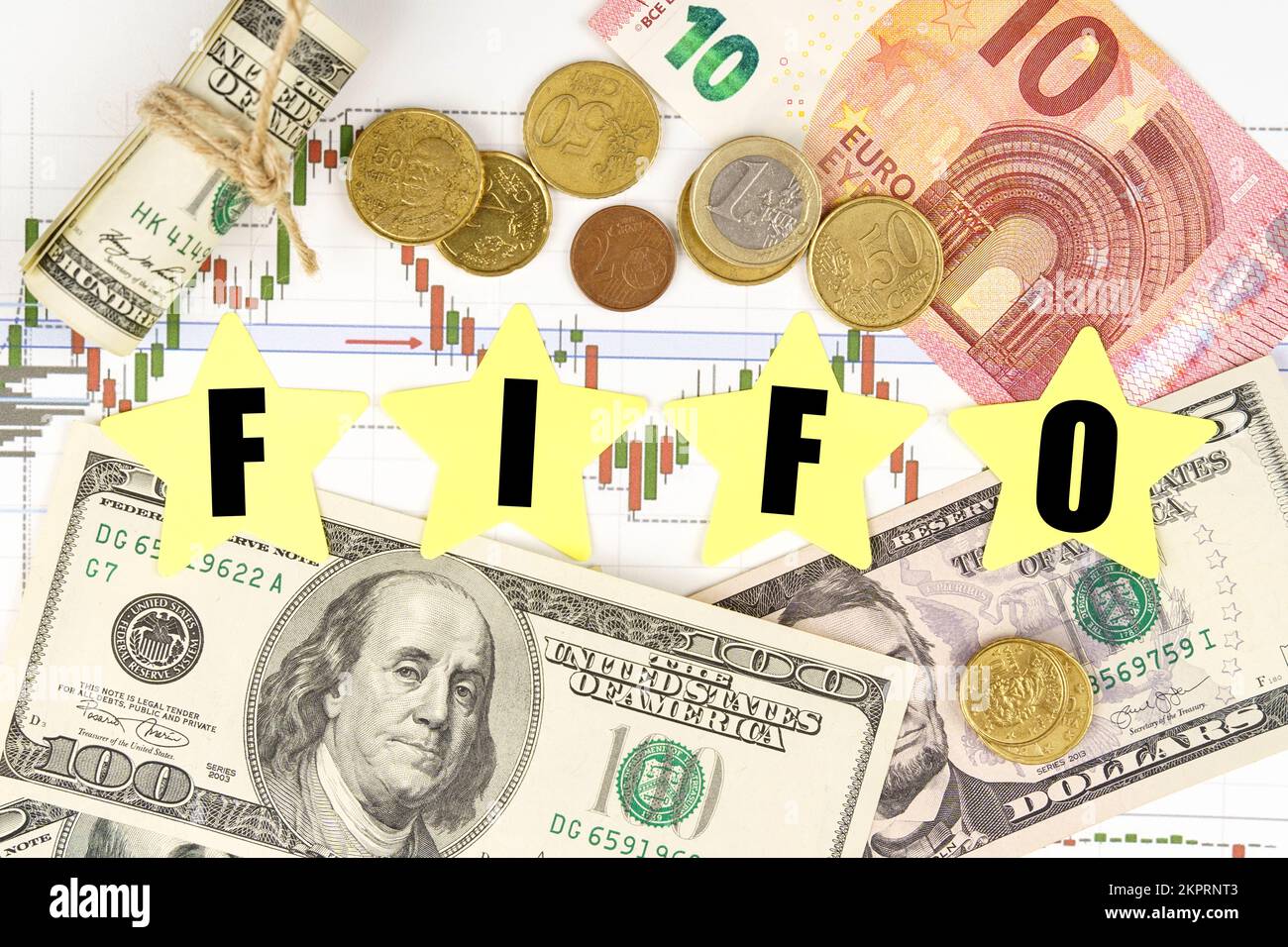 Finance and economics concept. Among the charts and money are asterisks ...