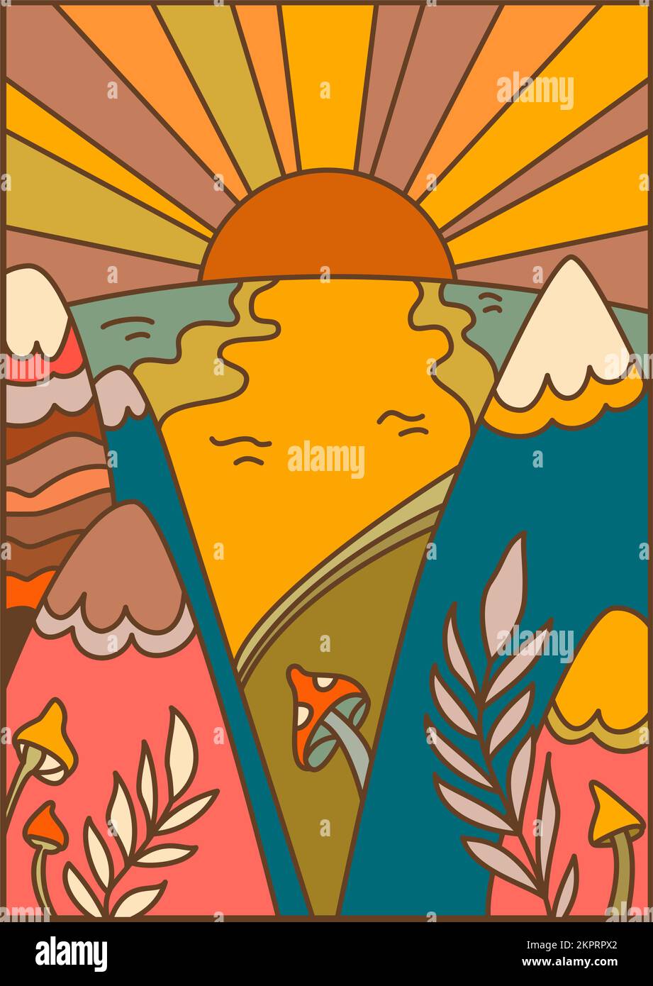 Fantasy cartoon landscape with sunrise and valley Stock Vector Image ...