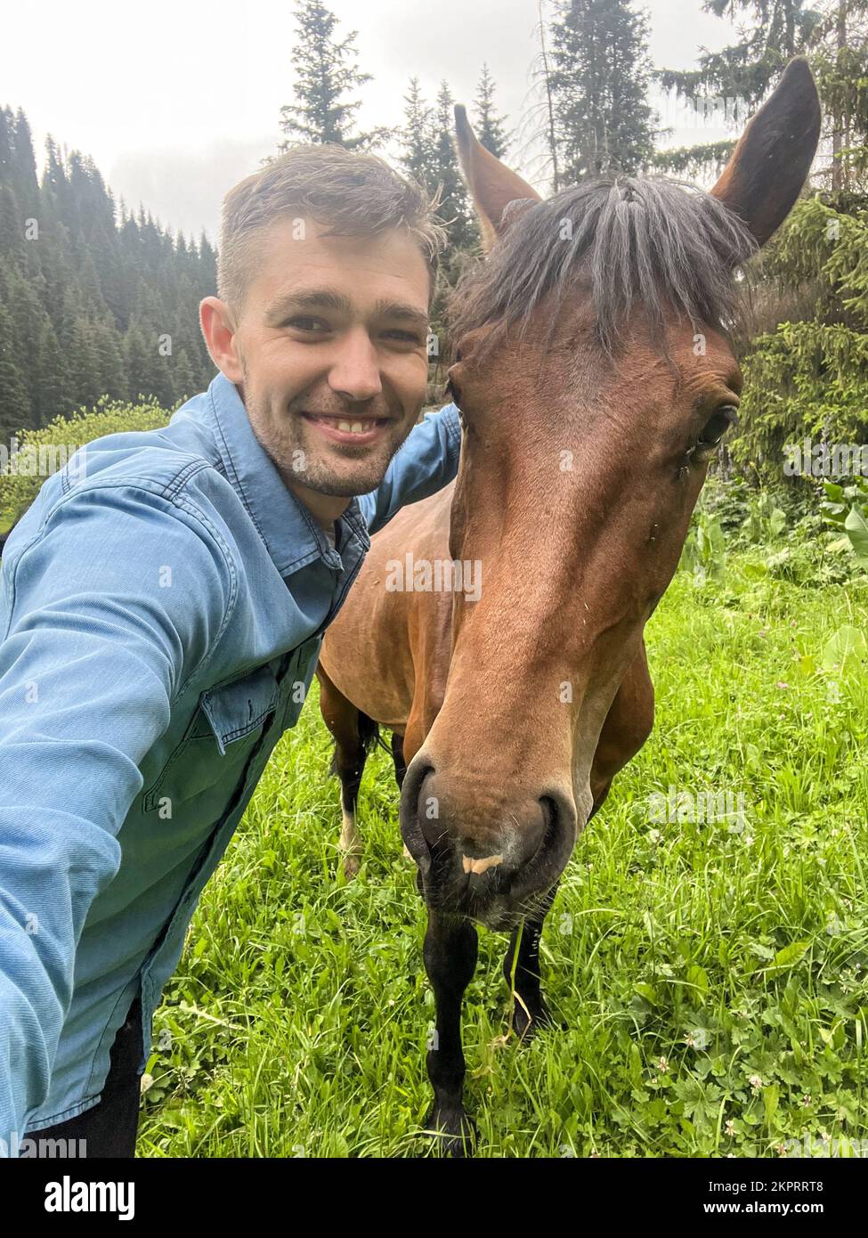 guy takes a selfie with a horse in nature Stock Photo - Alamy