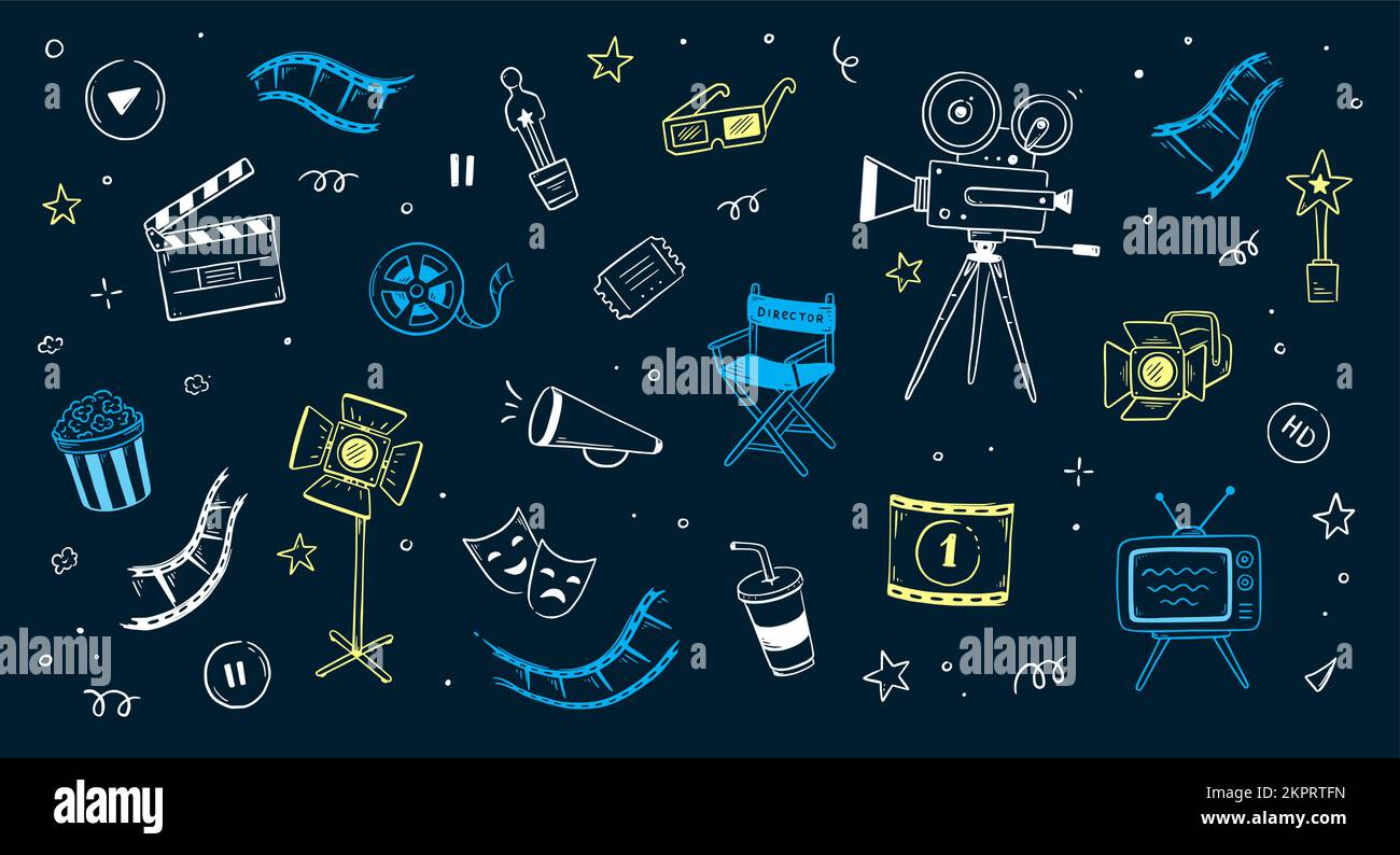 Cinema doodle, movie background. Hand drawn sketch film, cinema element design. Clapperboard ...