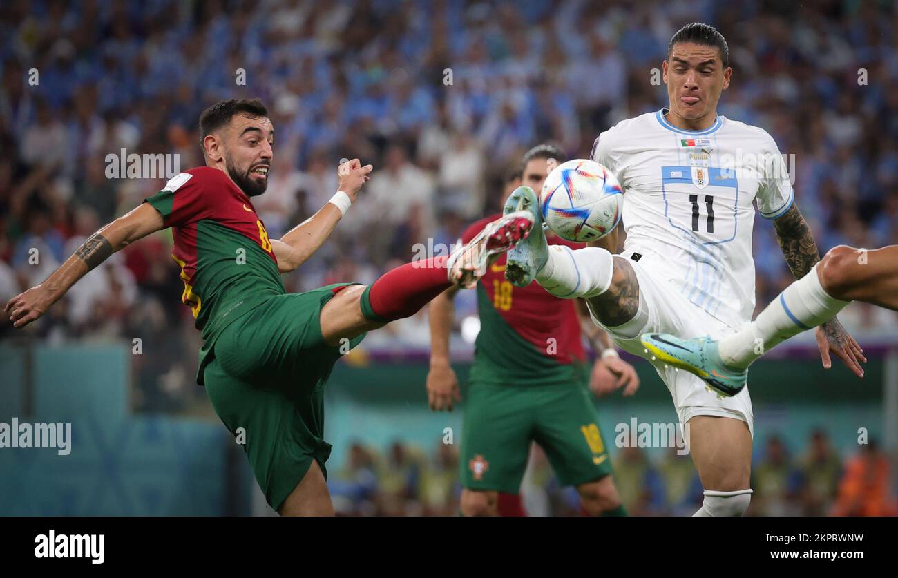 Lusail, Qatar. 28th Nov, 2022. Portuguese Bruno Fernandes and Uruguay's ...