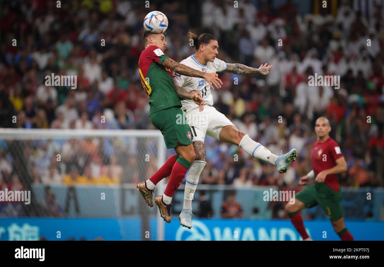Lusail, Qatar. 28th Nov, 2022. Portuguese Joao Cancelo and Uruguay's ...