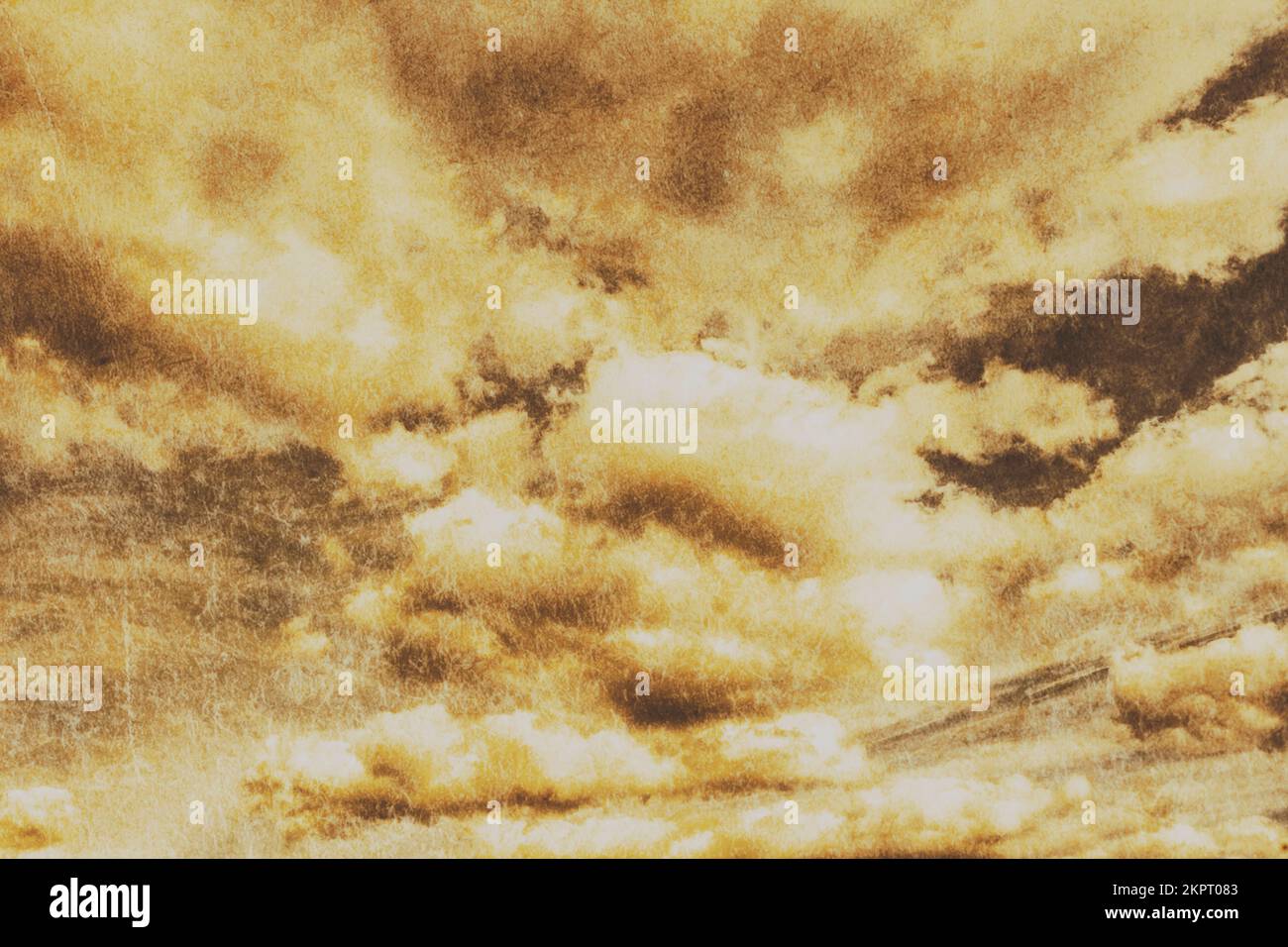 Horizontal skyscape of atmospheric grunge clouds with scratched texture ...