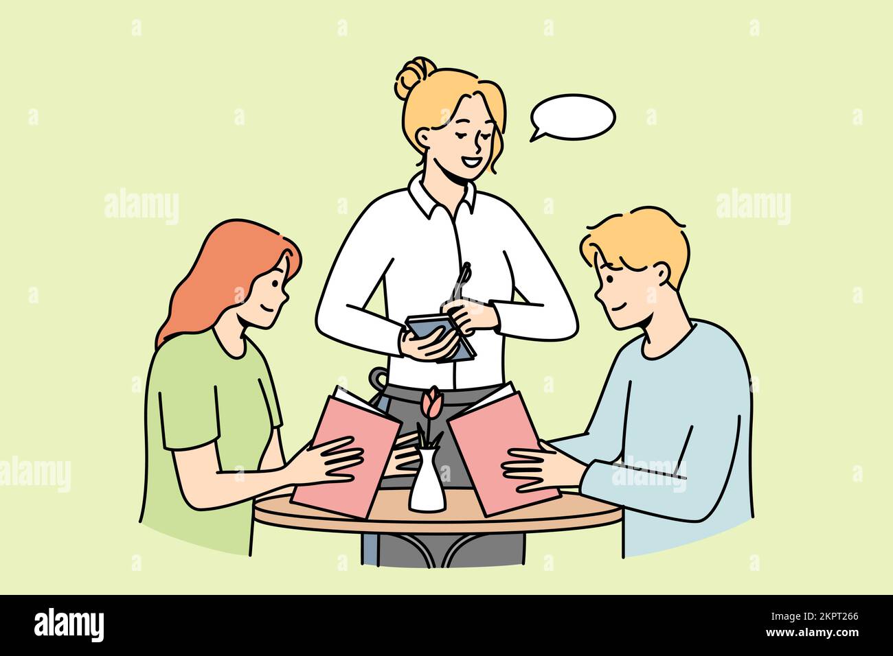 Waitress takes order from young couple in restaurant. Guy and girl ...
