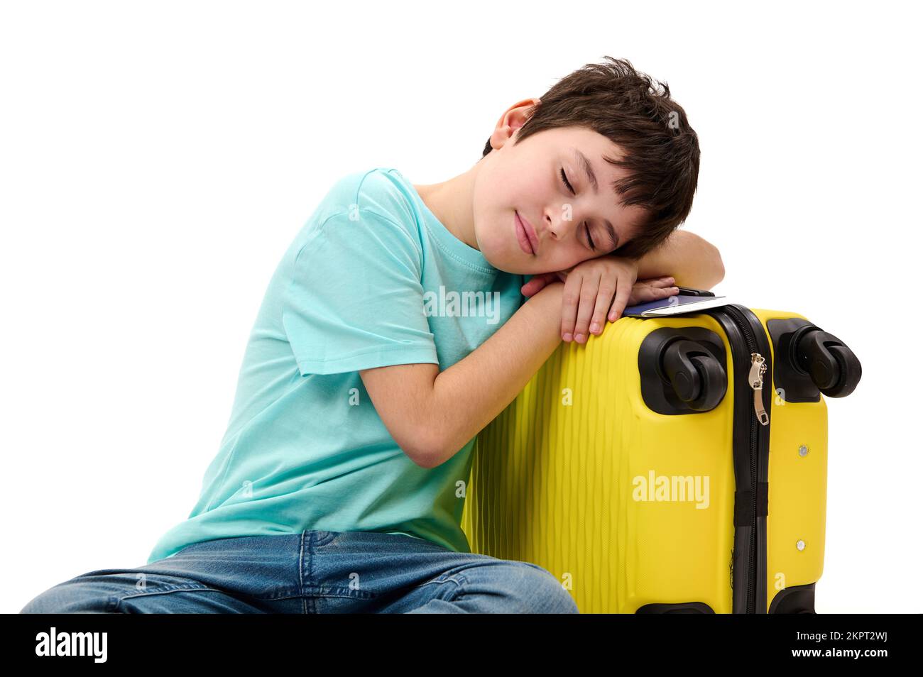 Isolated portrait on white background of a cute teenage boy falling ...